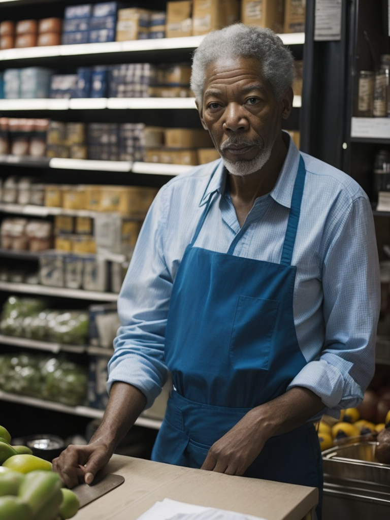 Premium Free ai Images | portrait of morgan freeman as cashier wearing ...