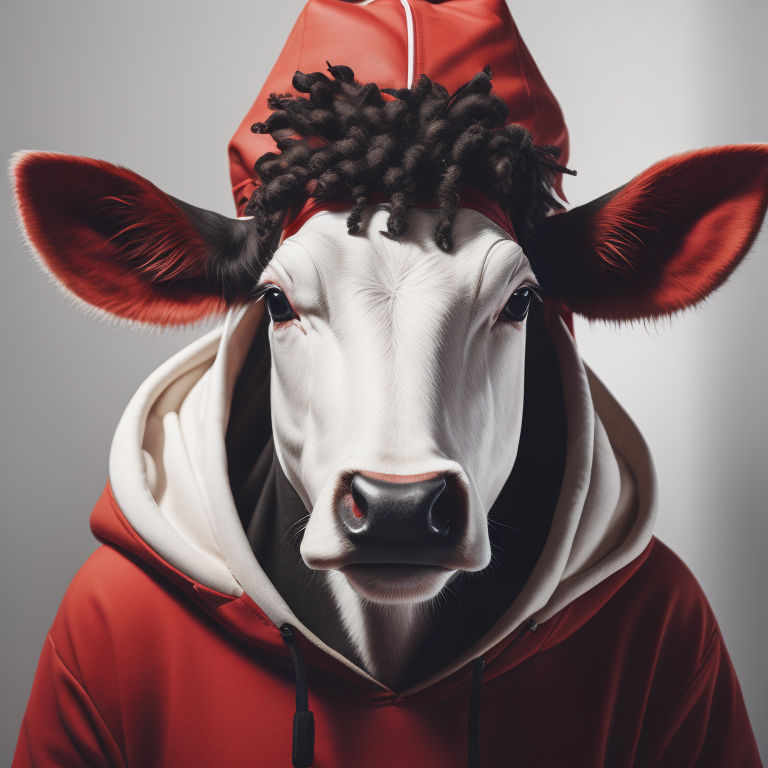 Premium Free ai Images | hip hop white cow portrait in red hoodie ...