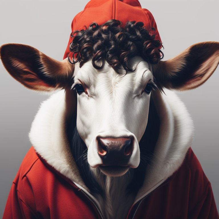 Premium Free ai Images | hip hop white cow portrait in red hoodie ...