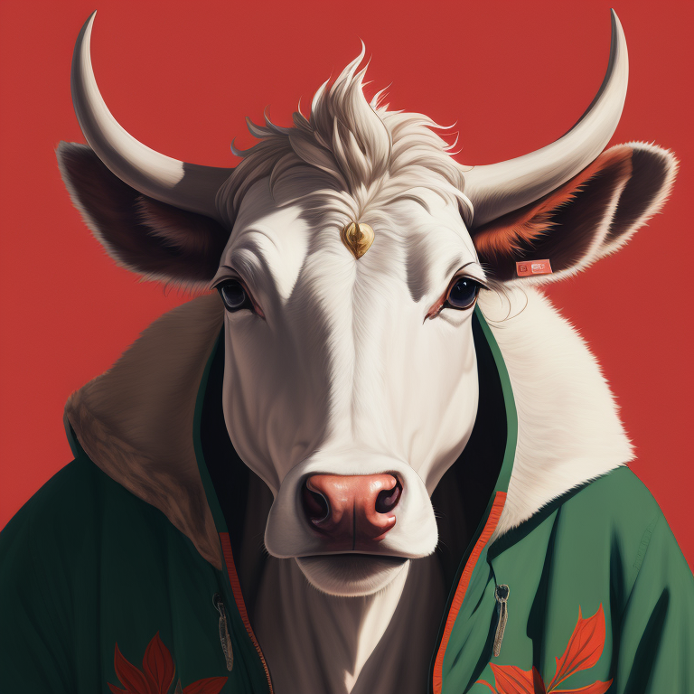 Premium Free ai Images | white cow face smile portrait red hoodie green ...