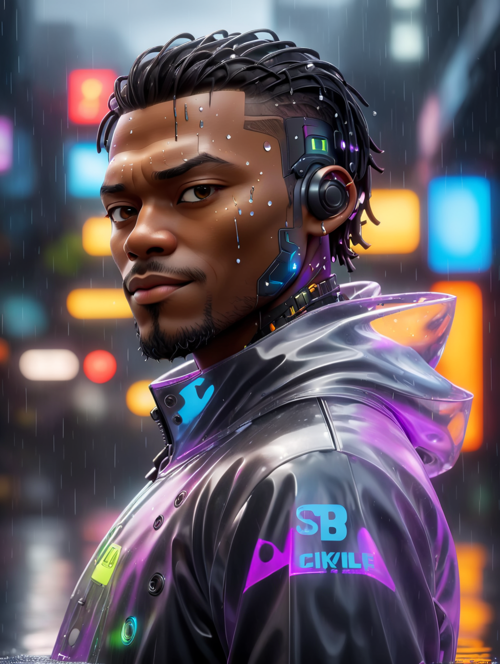 Premium Free ai Images | cyborg black man wearing transparent raincoat ...