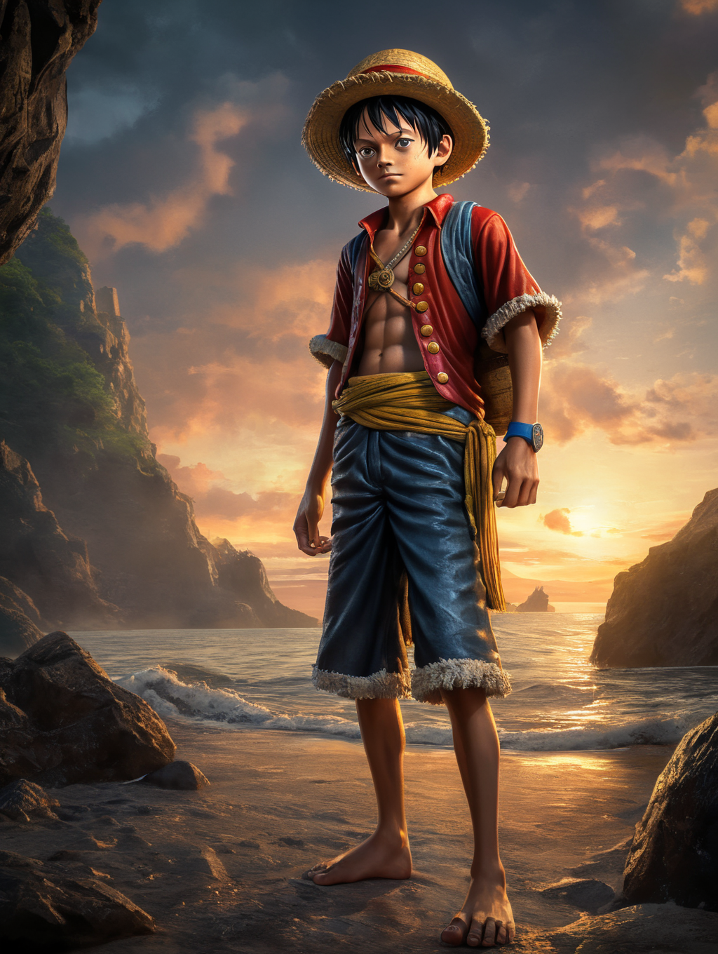 Premium Free ai Images | one piece luffy young with morning light