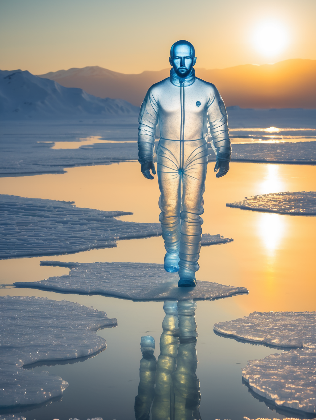 Premium Free ai Images | translucent man made from the ice walking on ...