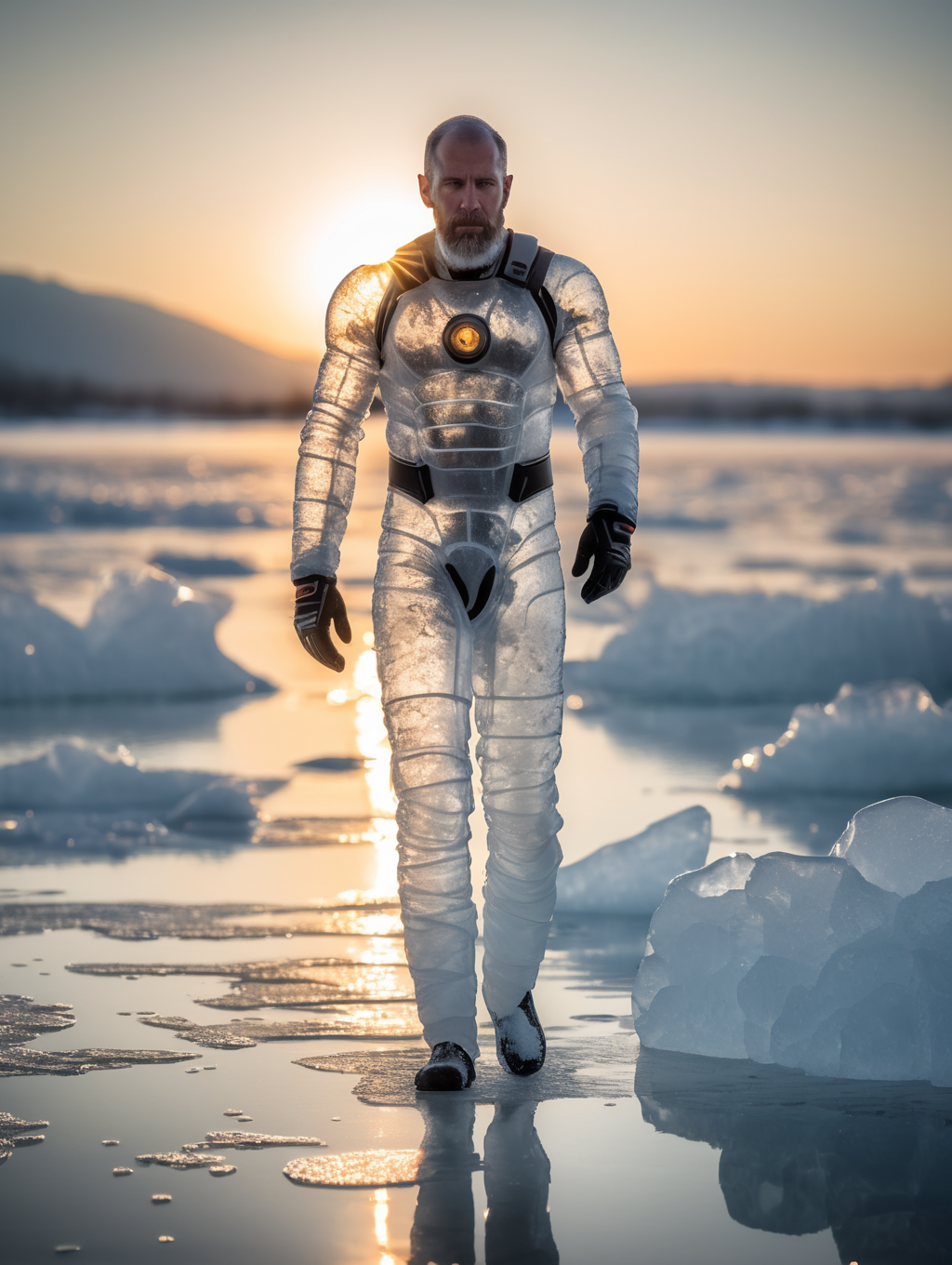 Premium Free ai Images | translucent man made from the ice walking on the surface of the sun