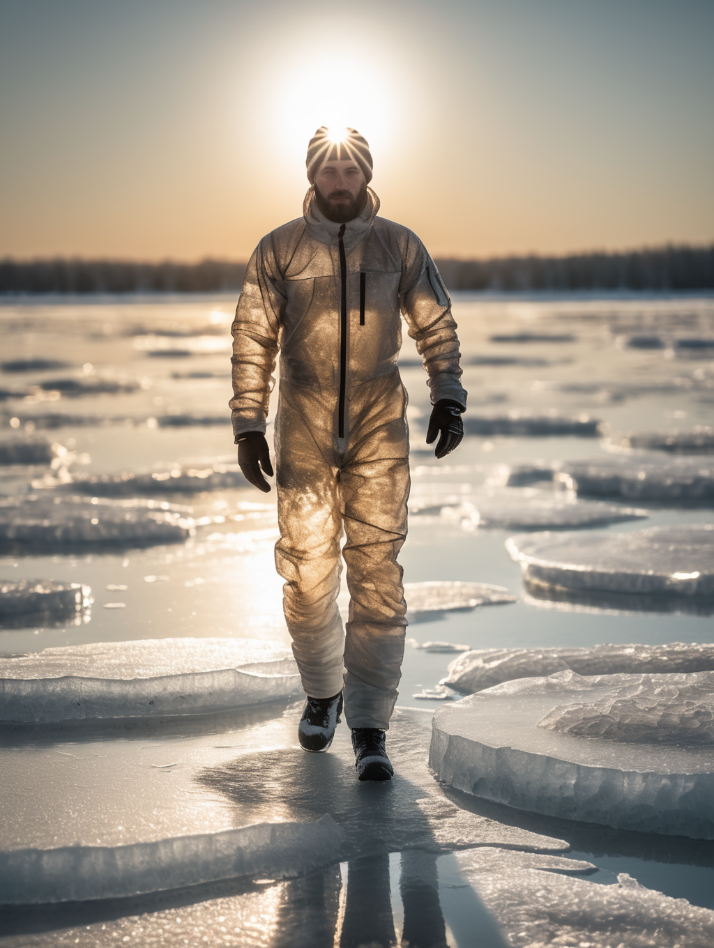 Premium Free ai Images | translucent man made from the ice walking on ...