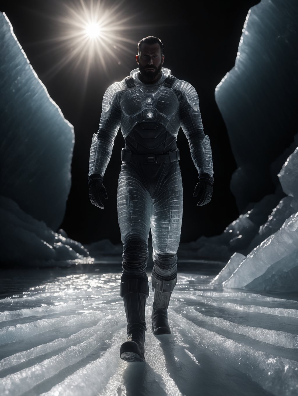 Premium Free ai Images | translucent man made from the ice walking on the surface of the sun