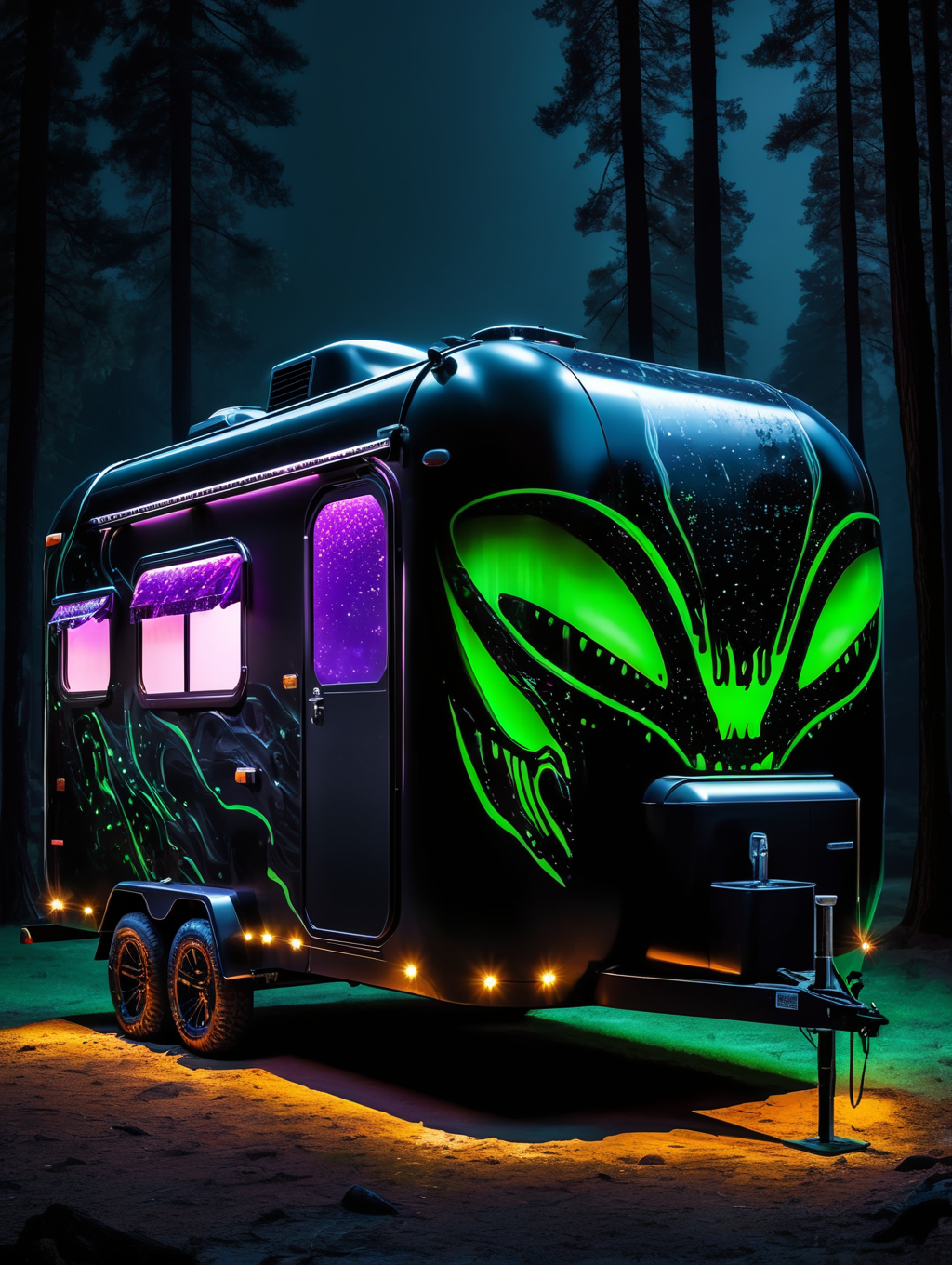 Premium Free ai Images | alien camping trailer made of black alien ...