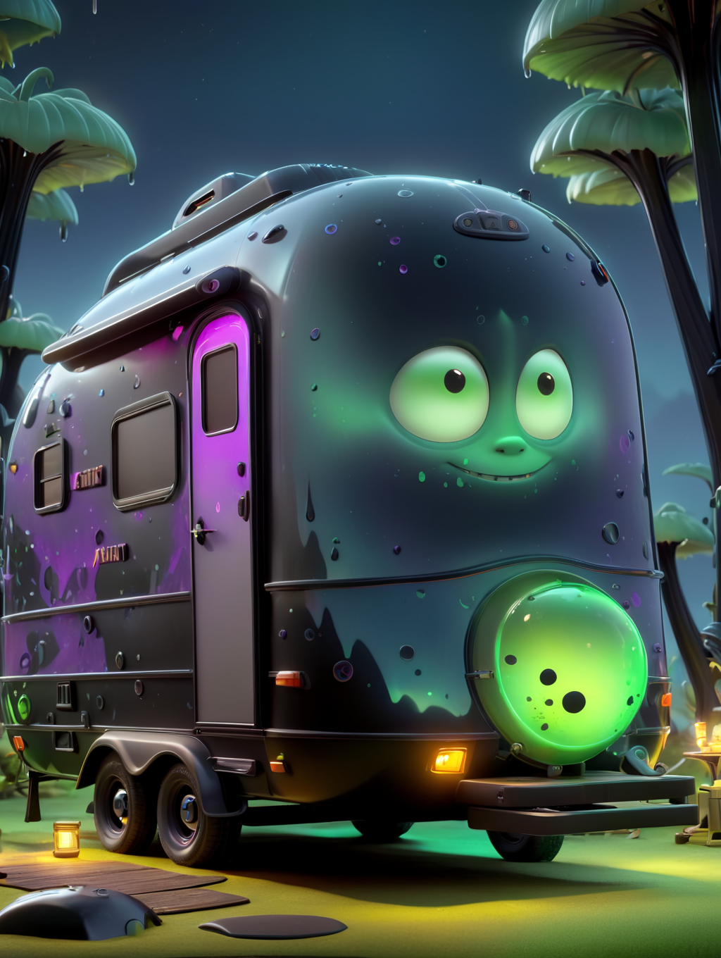 Premium Free ai Images | alien camping trailer made of black alien ...