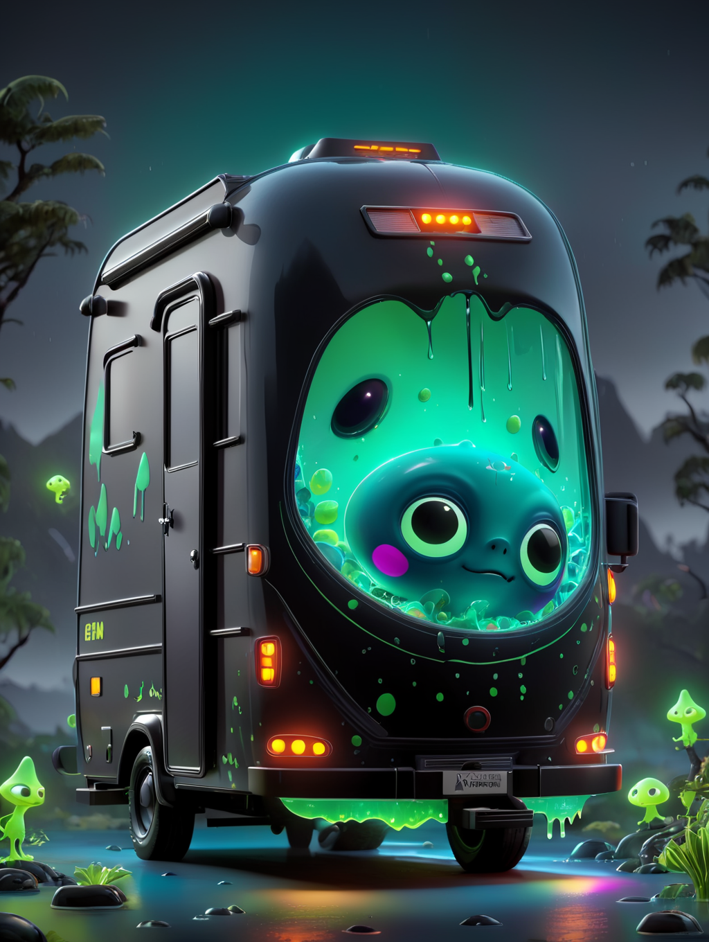 Premium Free ai Images | alien camping trailer made of black alien ...
