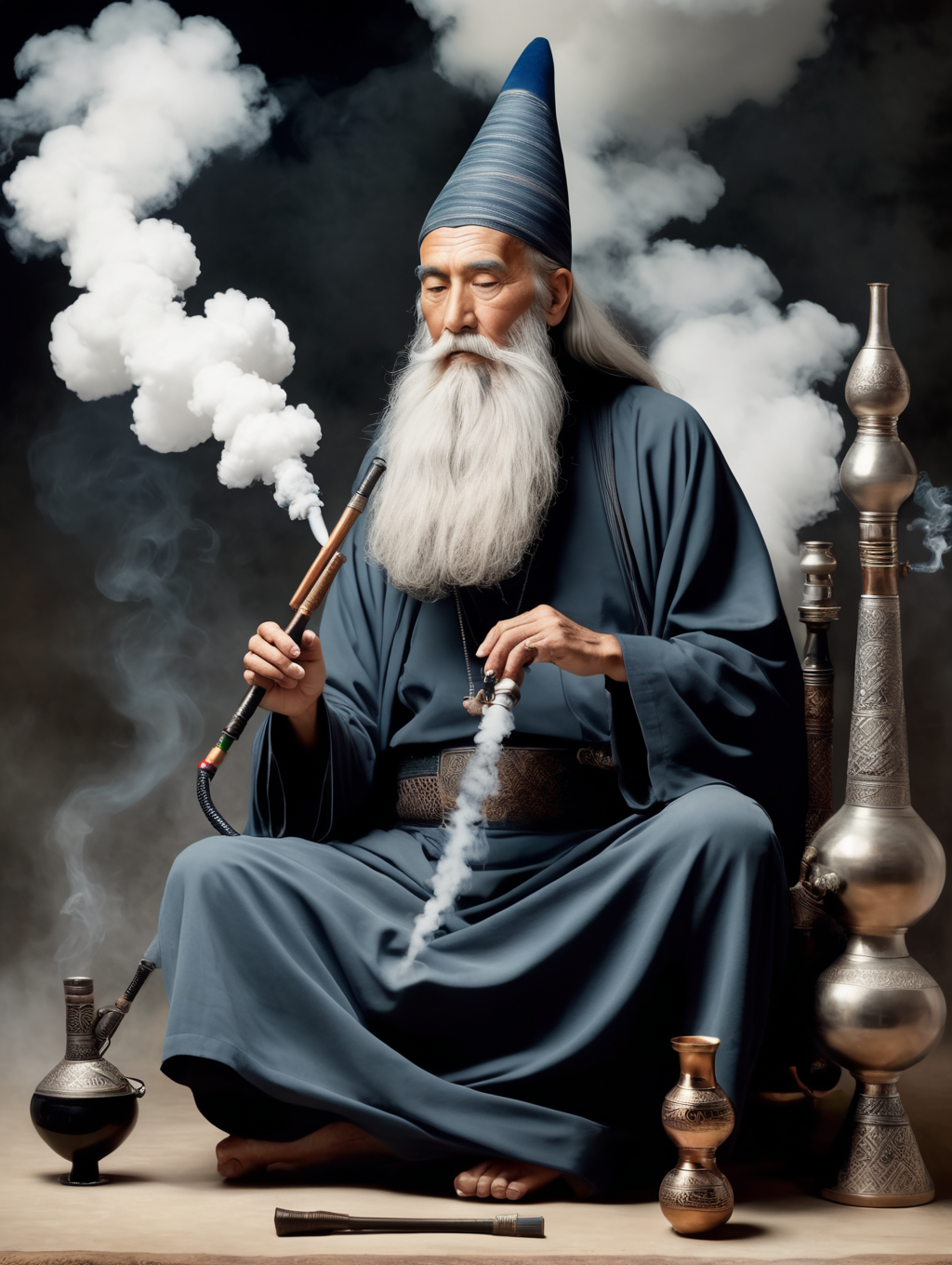 Premium Free ai Images | old wizard with long beard sitting cross ...