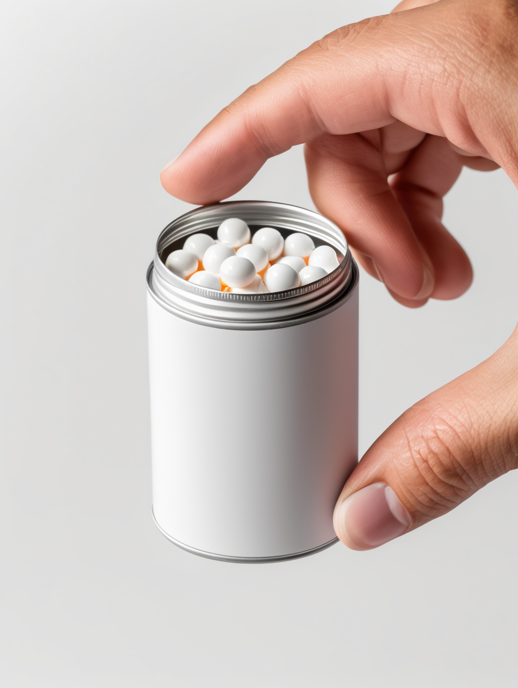Premium Free ai Images | hand holding white pill can mockup clear ...