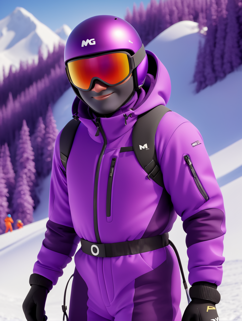 Premium Free ai Images | bright violet color ski suit commercial shoot ...