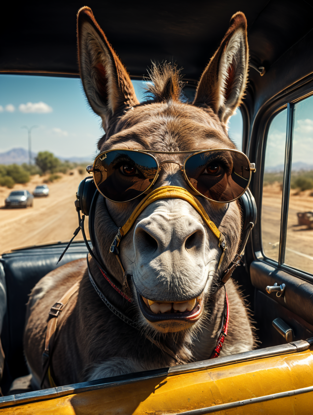 Premium Free ai Images | donkey taxi driver donkey sitting behind the ...