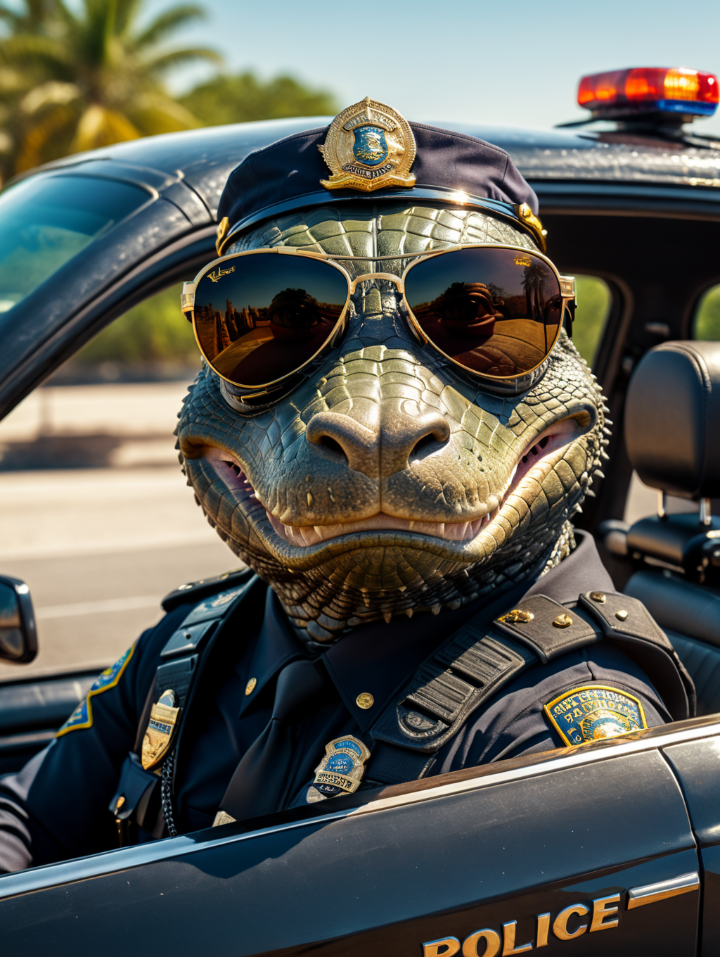 Premium Free ai Images | alligator police officer sitting behind the ...