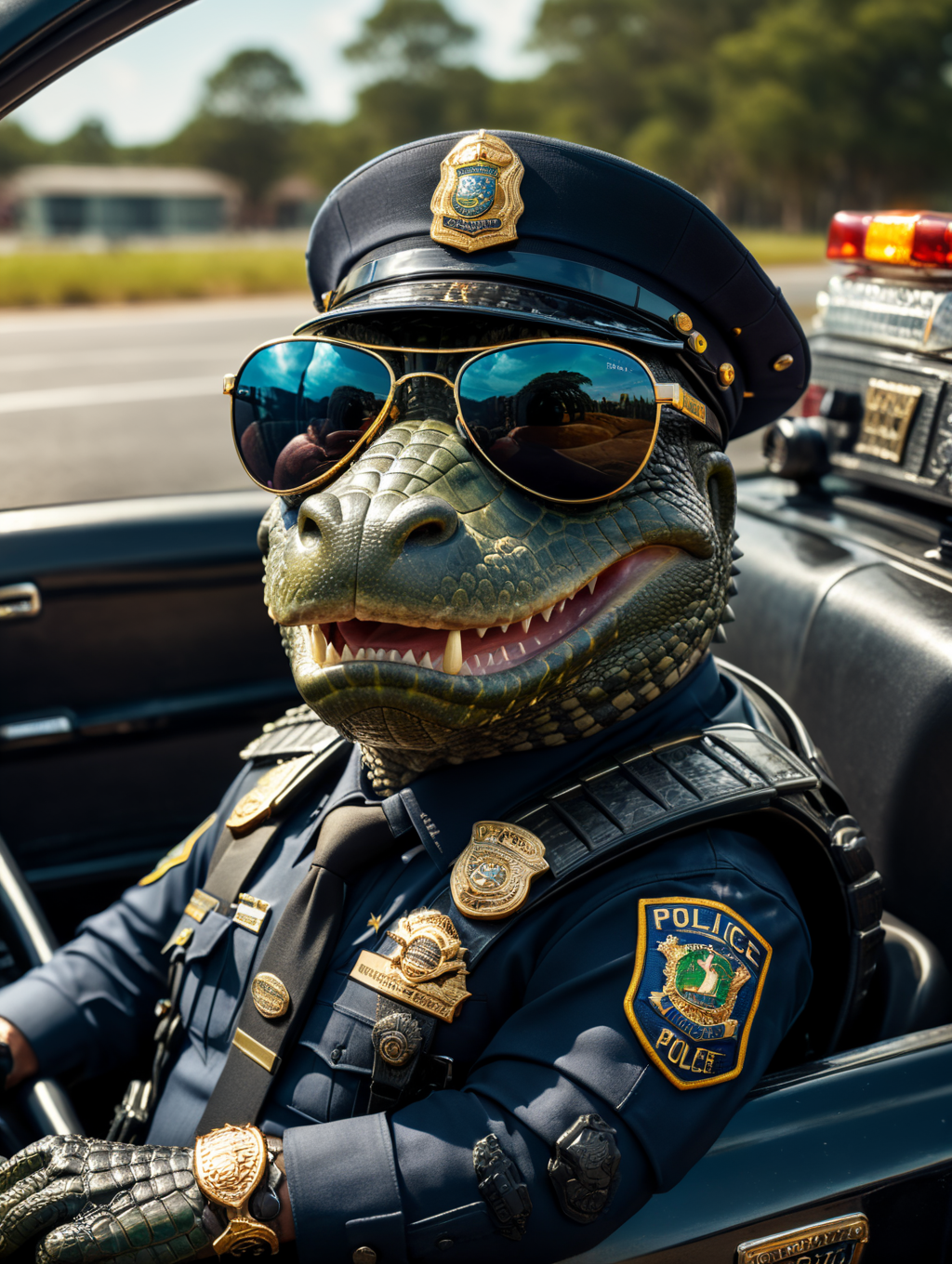 Premium Free ai Images | alligator police officer sitting behind the ...