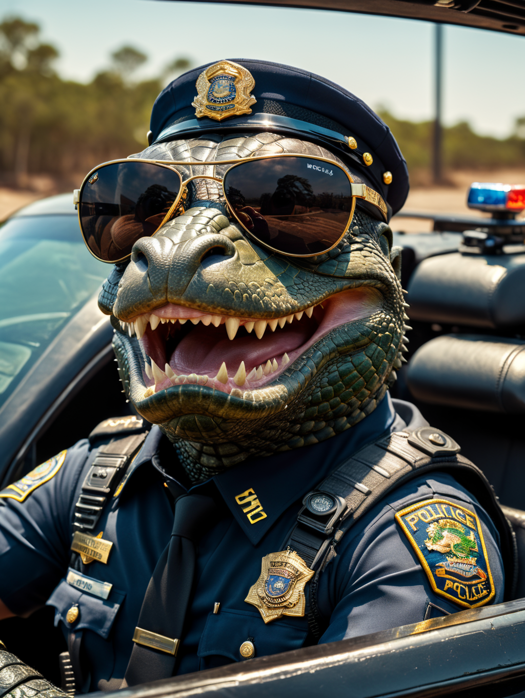 Premium Free ai Images | alligator police officer sitting behind the ...