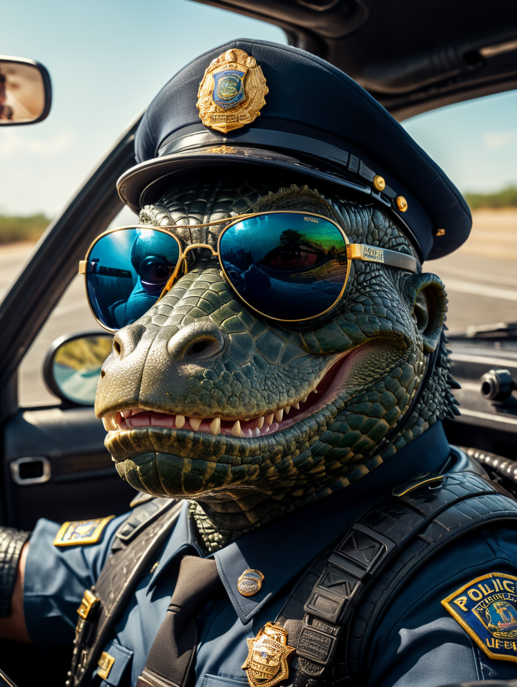 Premium Free ai Images | alligator police officer sitting behind the ...
