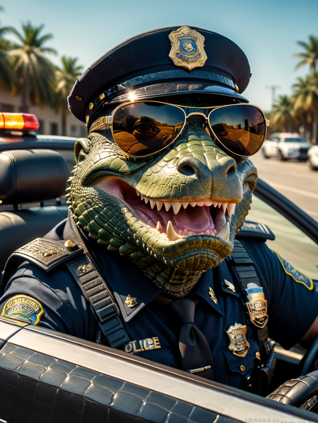 Premium Free ai Images | alligator police officer sitting behind the ...