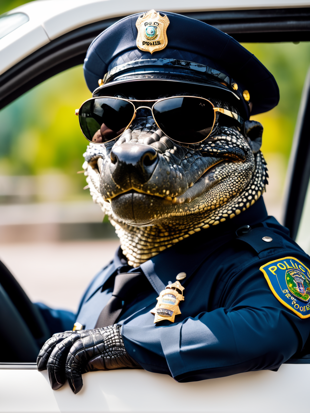 Premium Free ai Images | alligator police officer sitting behind the ...