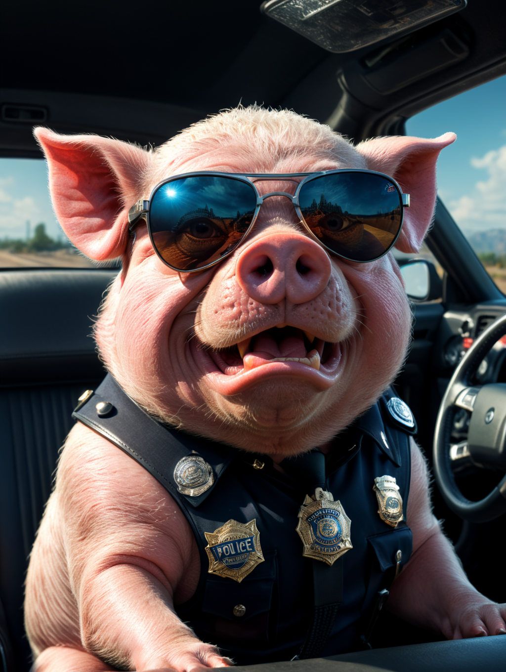 Premium Free ai Images | angry pig police officer sitting behind the ...