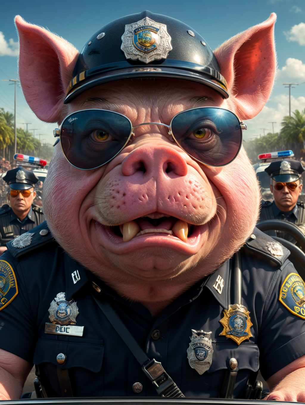 Premium Free ai Images | angry pig police officer sitting behind the ...