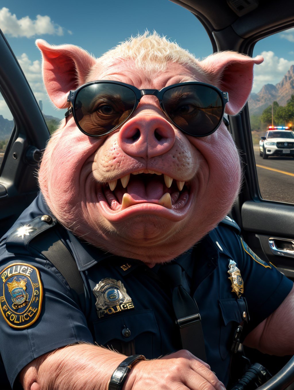 Premium Free ai Images | angry pig police officer sitting behind the ...