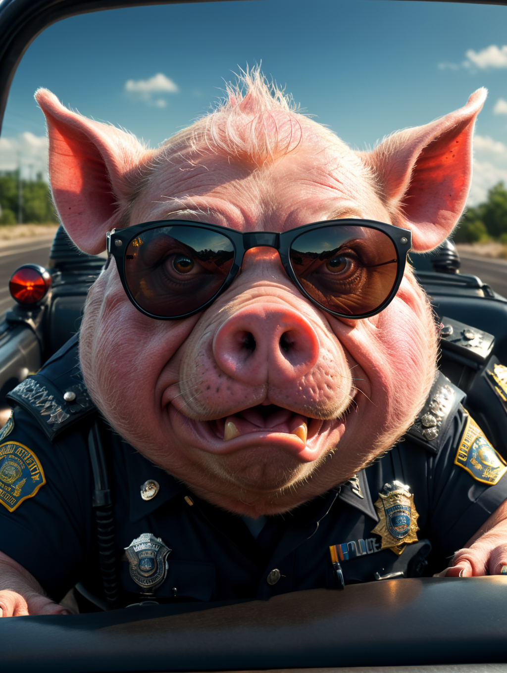 Premium Free ai Images | angry pig police officer sitting behind the ...