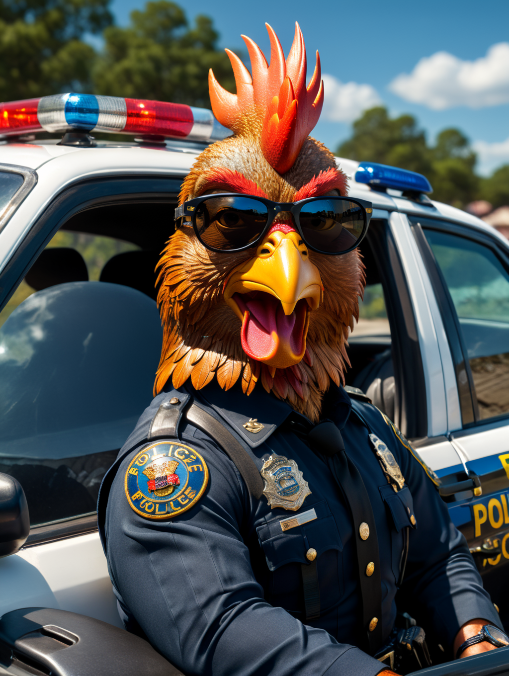 Premium Free ai Images | rooster police officer sitting behind the ...