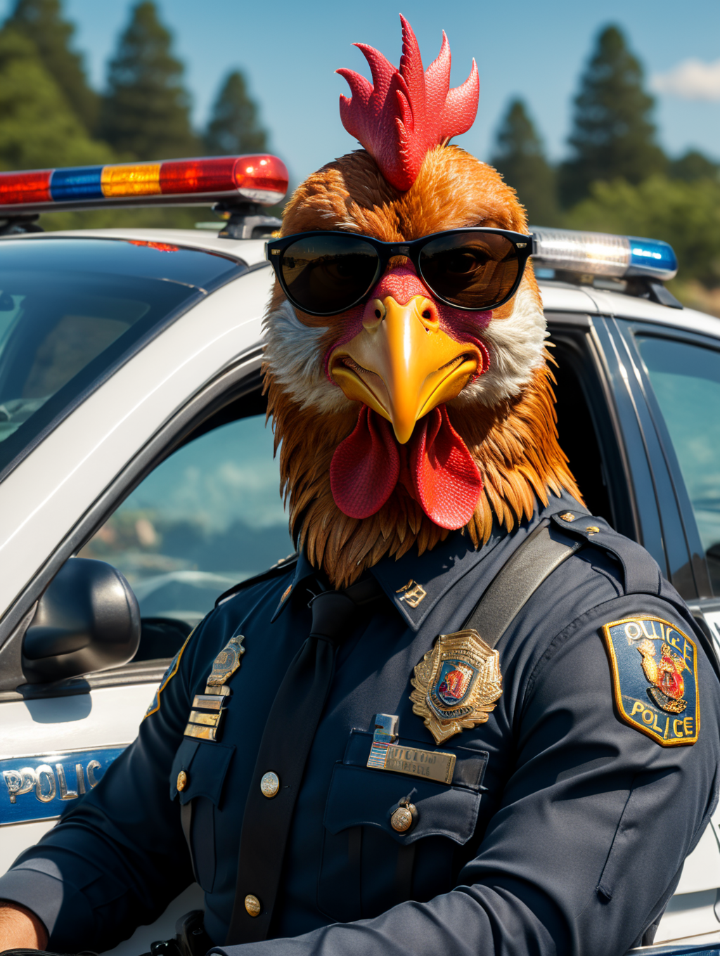 Premium Free ai Images | rooster police officer sitting behind the ...