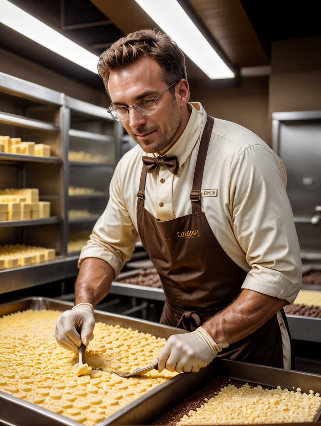 Premium Free ai Images | person made of butter running chocolate factory