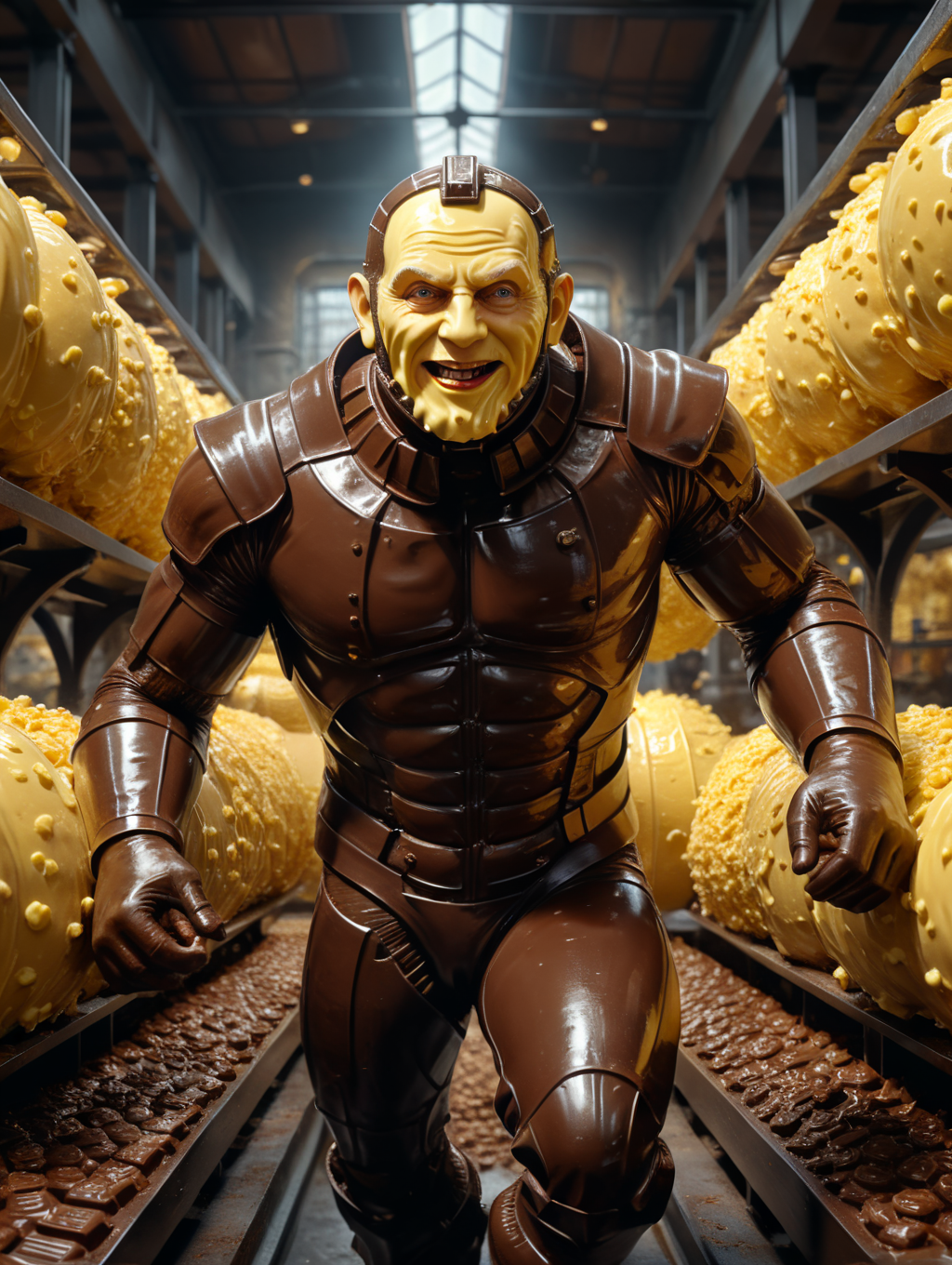 Premium Free ai Images | person made of butter running chocolate factory