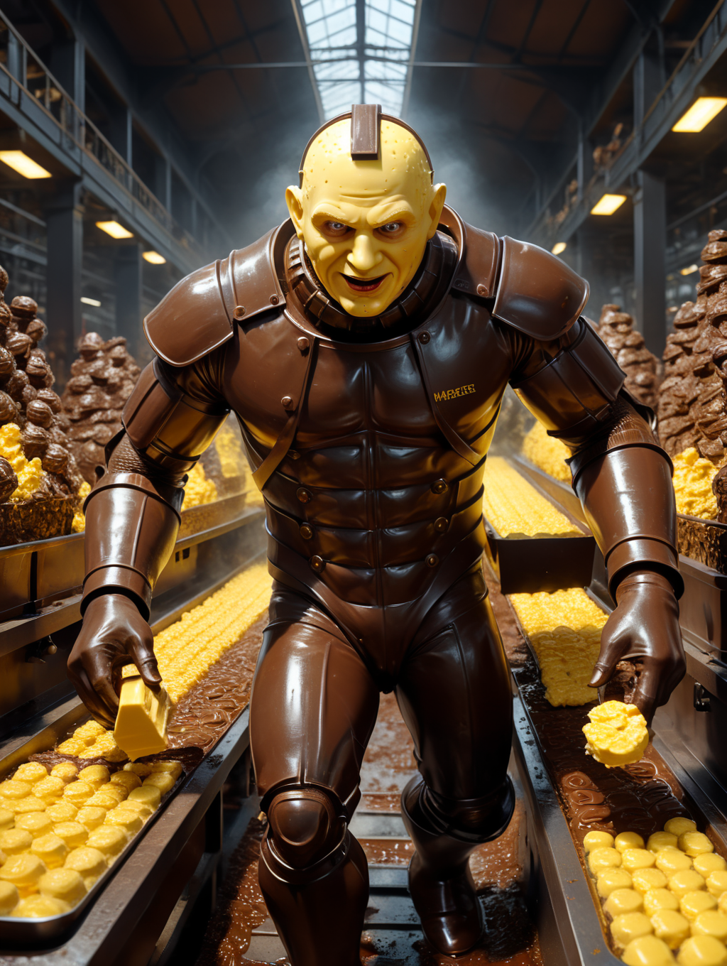 Premium Free ai Images | person made of butter running chocolate factory