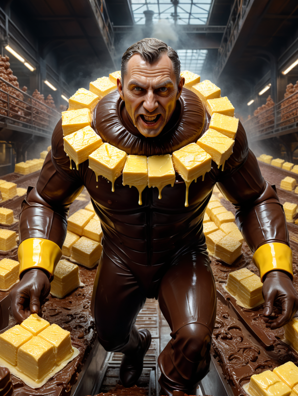 Premium Free ai Images | person made of butter running chocolate factory