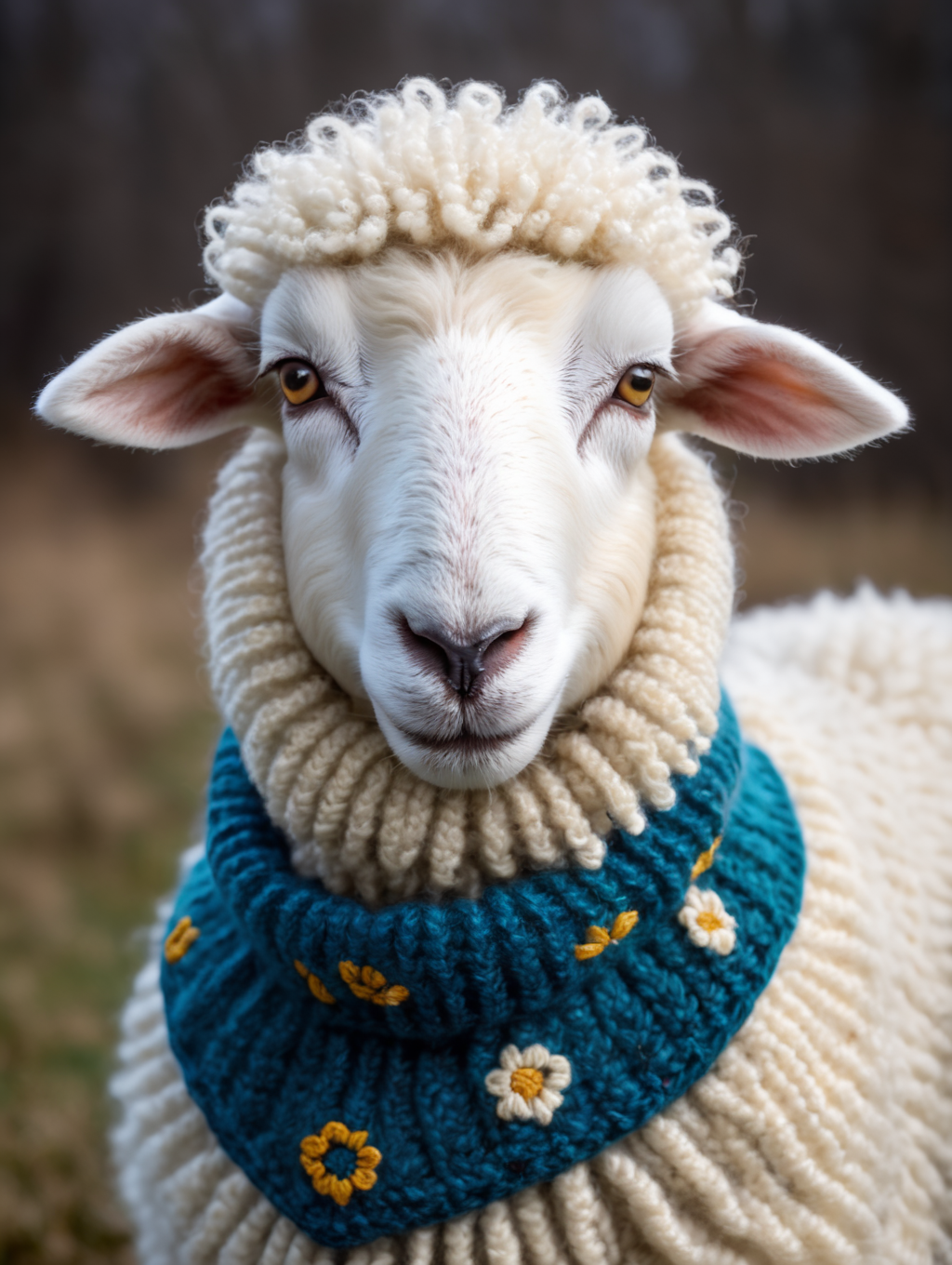 Premium Free ai Images | white sheep wearing very hirsute crocheted ...