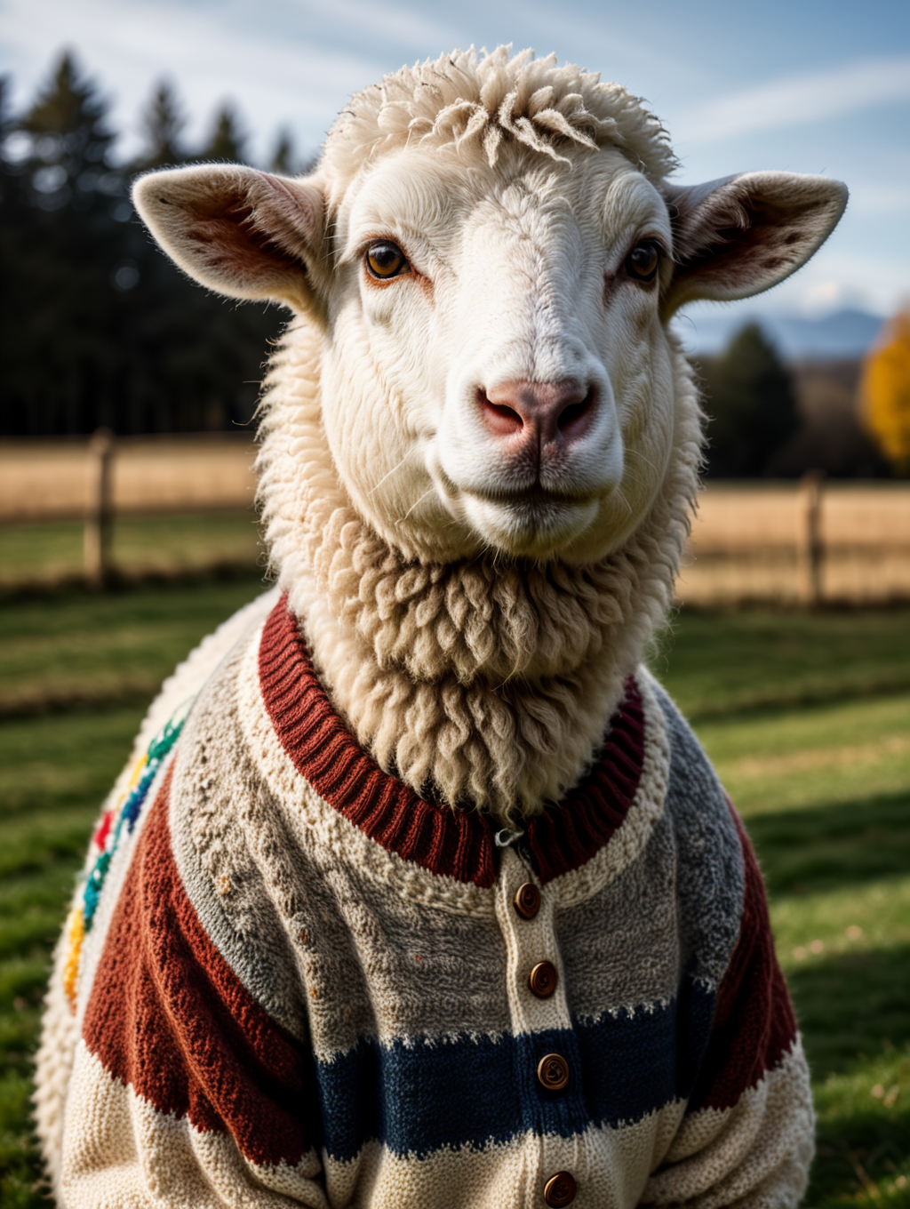 Premium Free ai Images | white sheep wearing very hirsute crocheted ...
