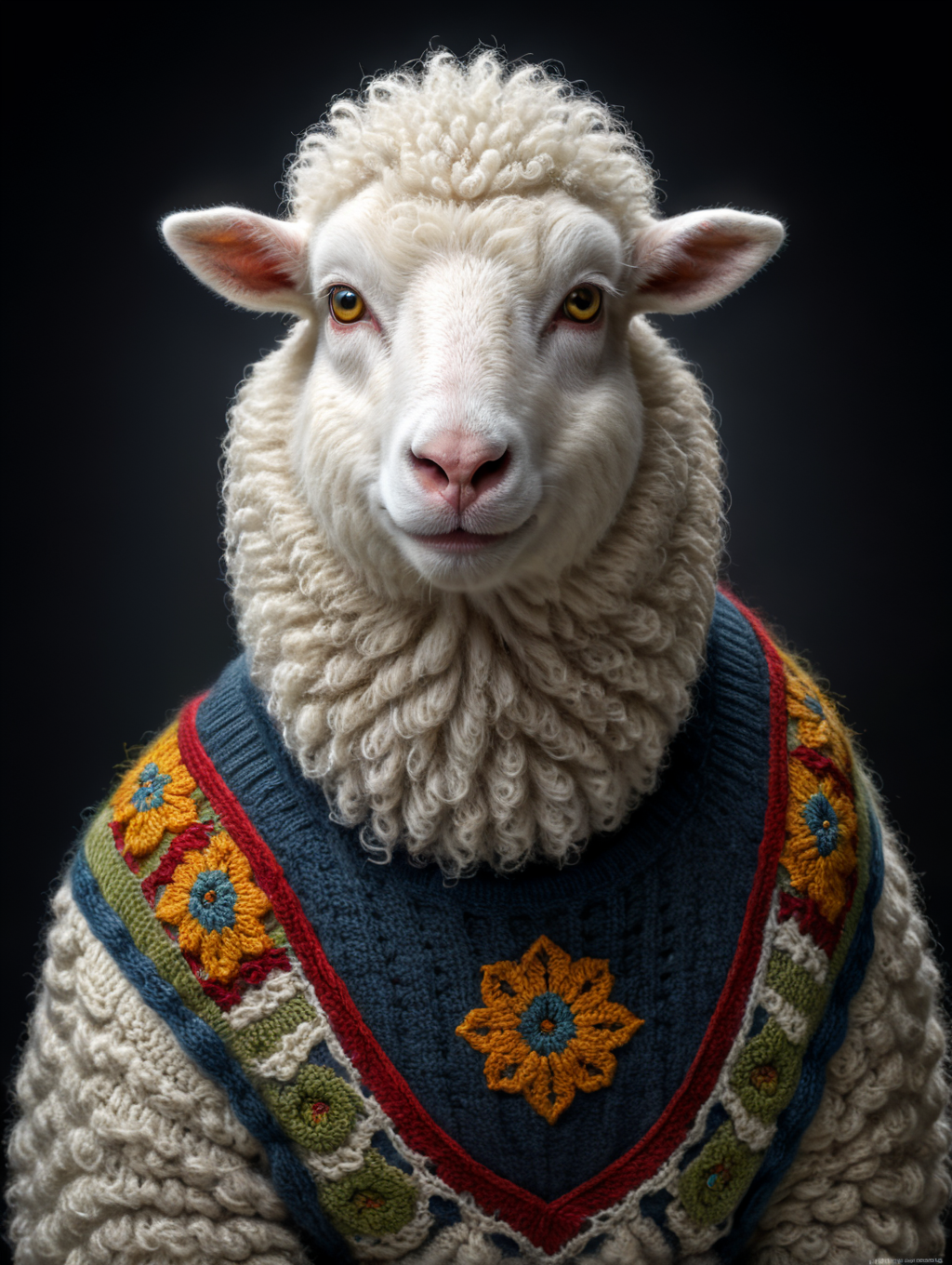 Premium Free ai Images | white sheep wearing very hirsute crocheted ...