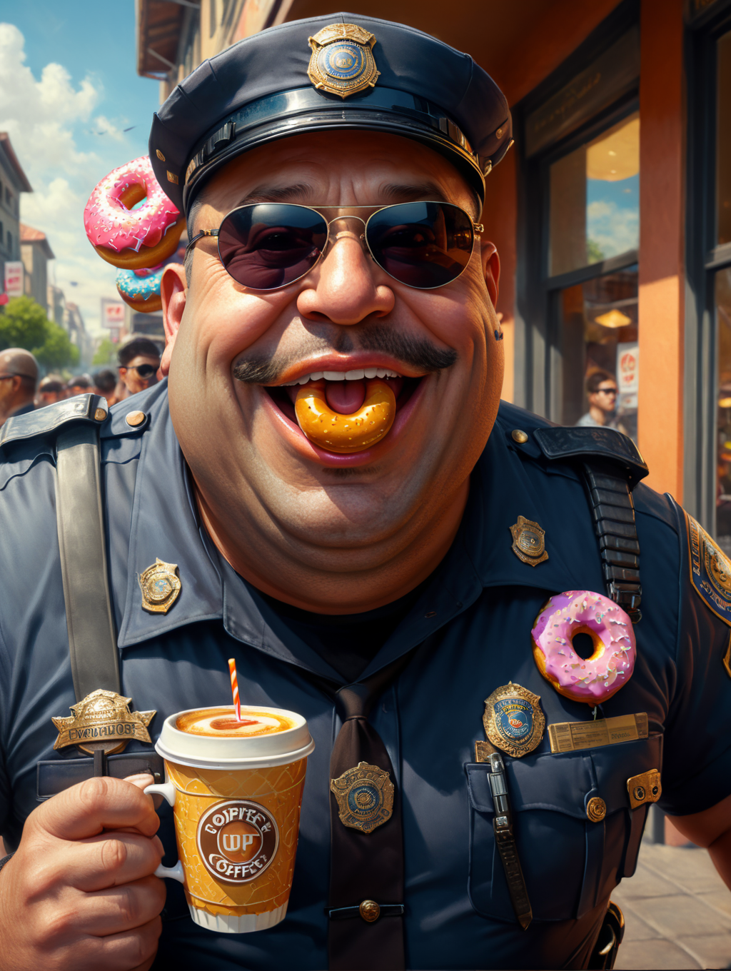 Premium Free ai Images | very fat cop with donut and cup of coffee ...