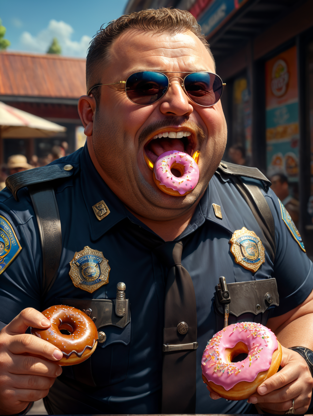 Premium Free ai Images | very fat cop eating donut happy sunglasses ...
