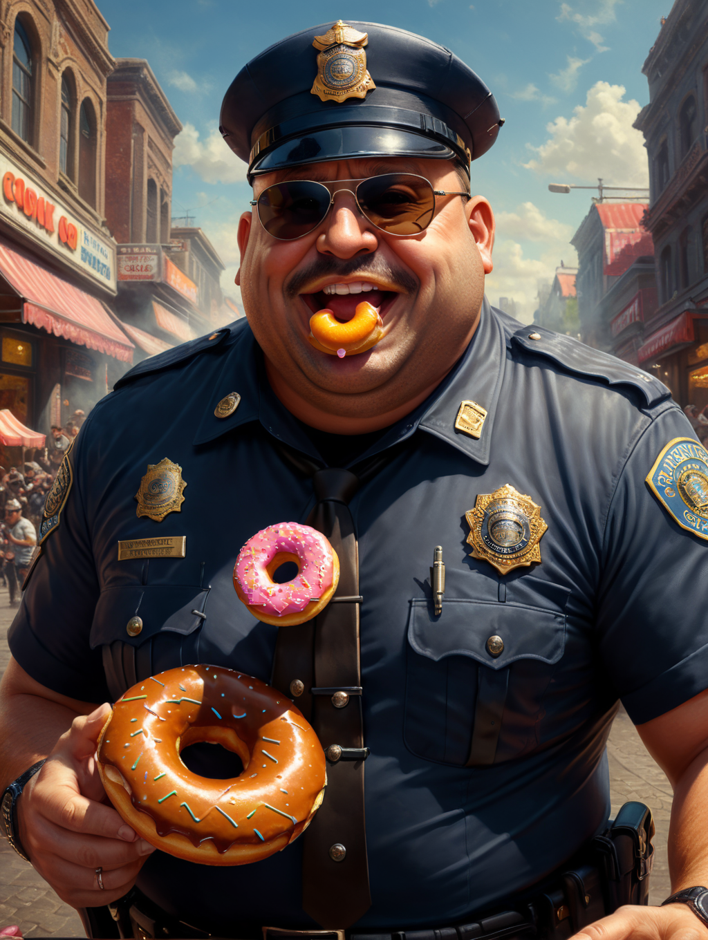 Premium Free ai Images | very fat cop eating donut happy sunglasses ...
