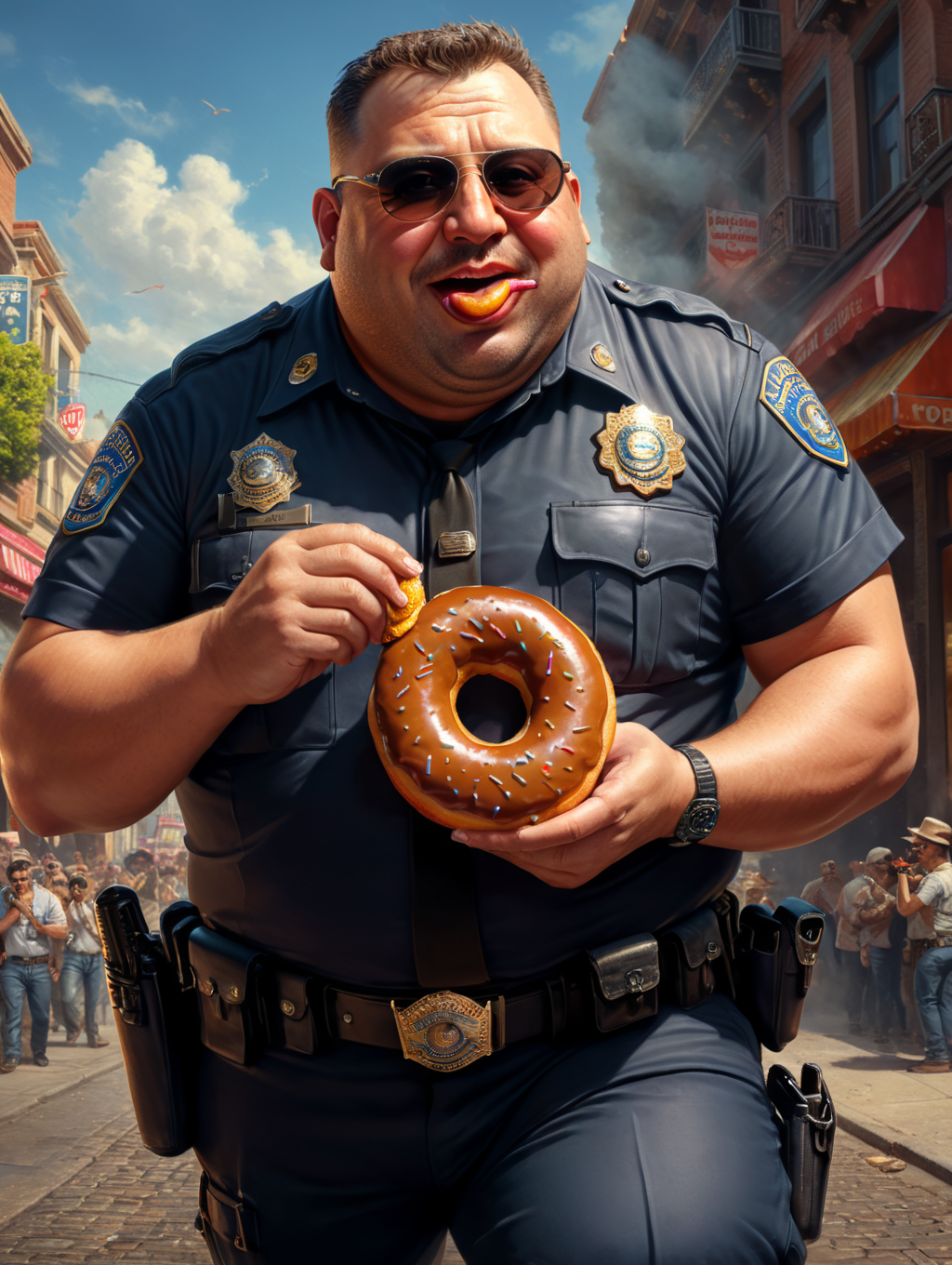 Premium Free ai Images | very fat cop is eating donut happy sunglasses ...