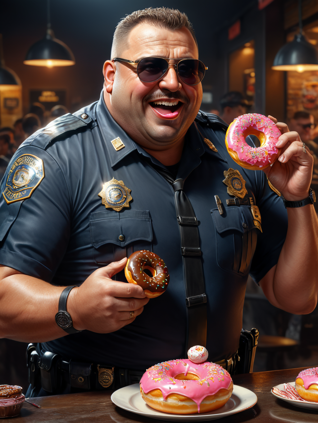 Premium Free ai Images | very fat cop is eating donut happy sunglasses ...