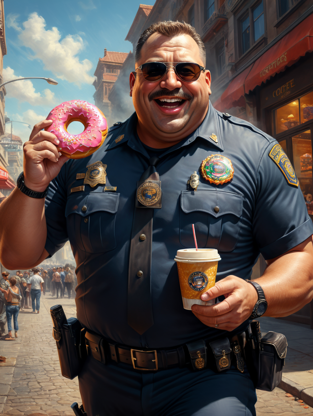 Premium Free ai Images | very fat cop with donut and cup of coffee ...
