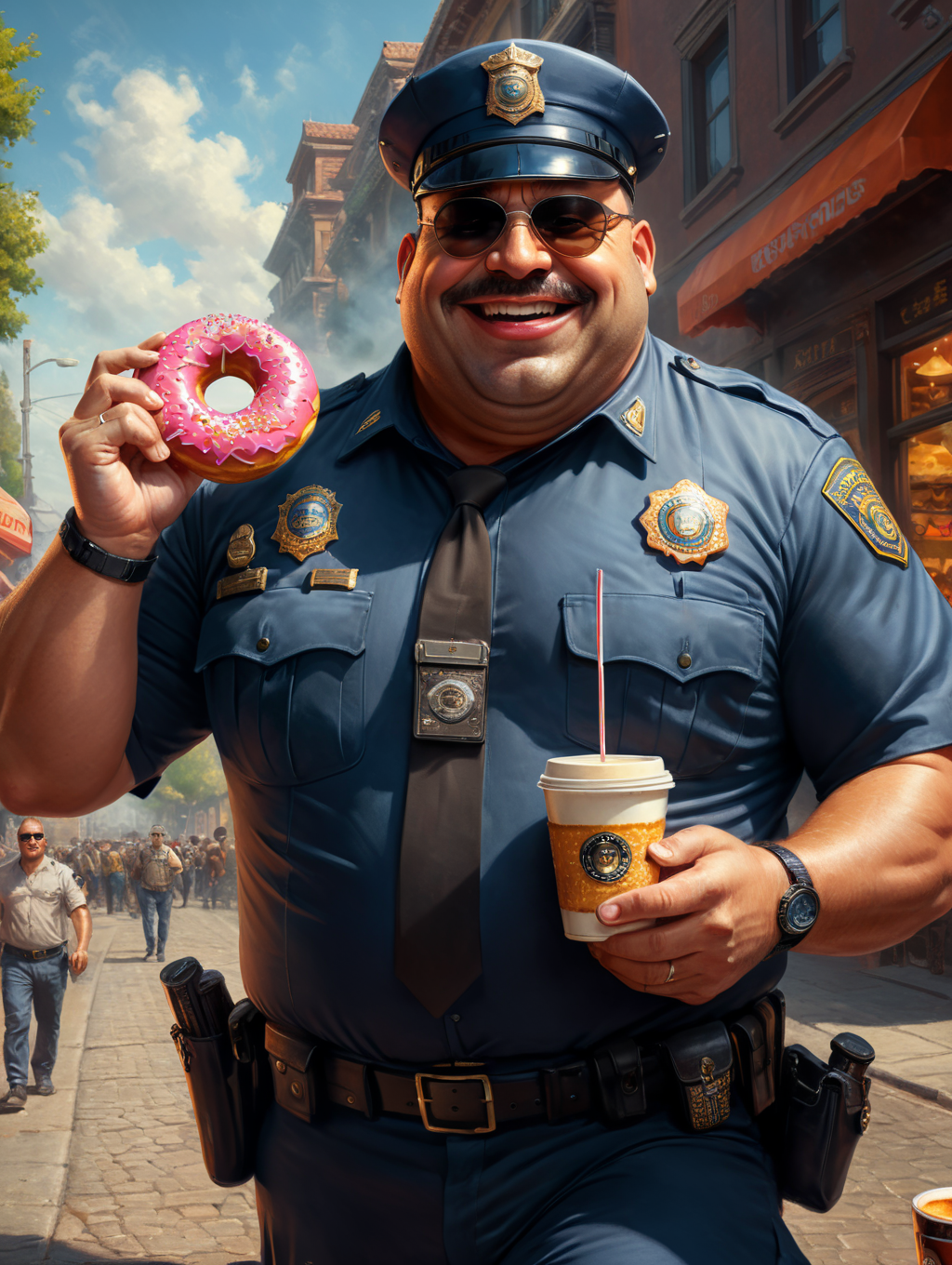 Premium Free ai Images | very fat cop with donut and cup of coffee ...