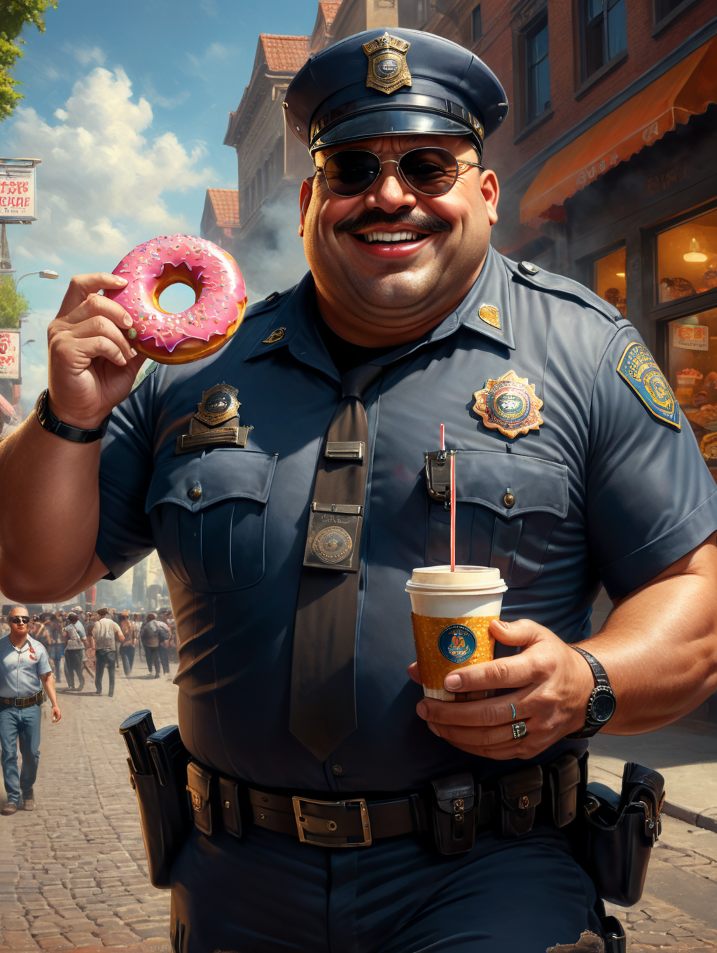 Premium Free ai Images | very fat cop with donut and cup of coffee ...