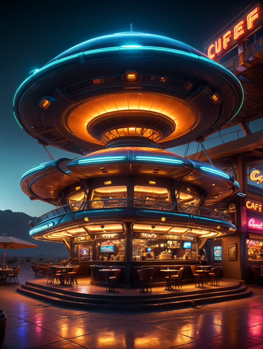 Premium Free ai Images | futuristic ufo cafe desert an night neon glass