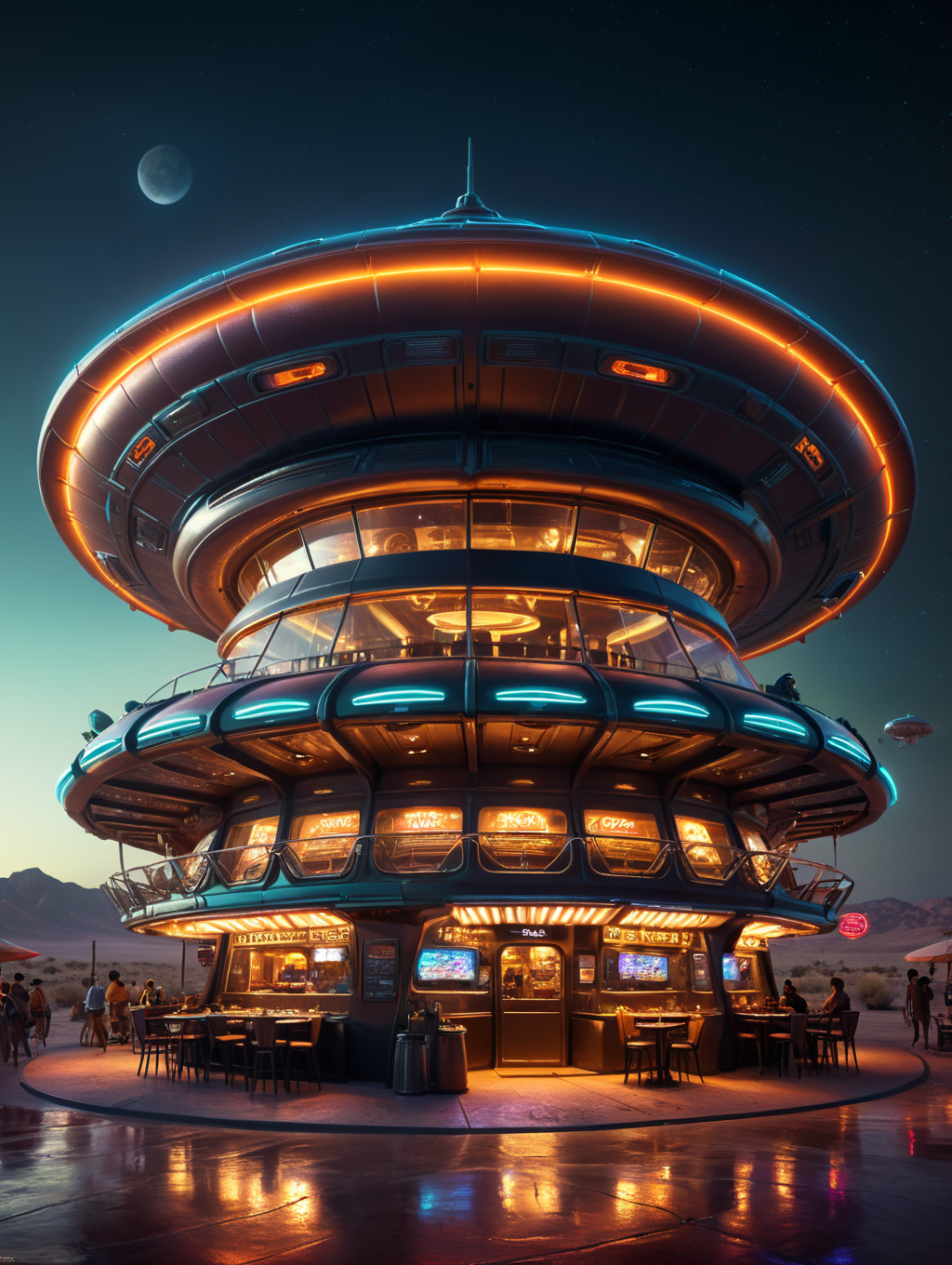 Premium Free ai Images | futuristic ufo cafe desert an night neon glass