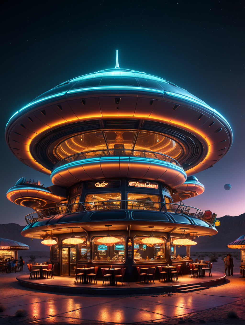 Premium Free ai Images | futuristic ufo cafe desert an night neon glass