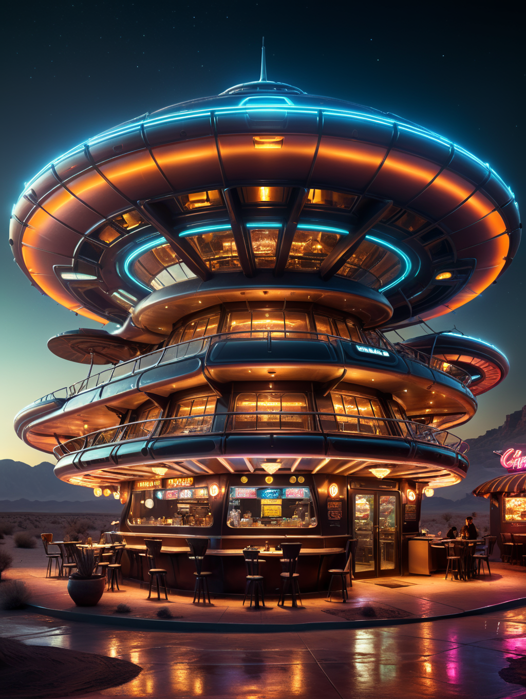 Premium Free ai Images | futuristic ufo cafe desert an night neon glass
