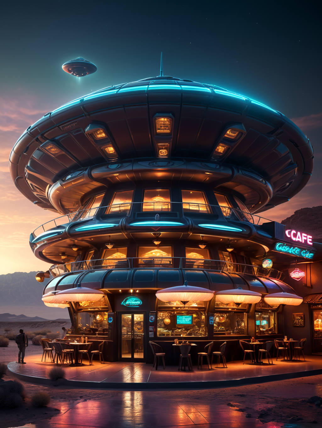 Premium Free ai Images | futuristic ufo cafe desert an night neon glass