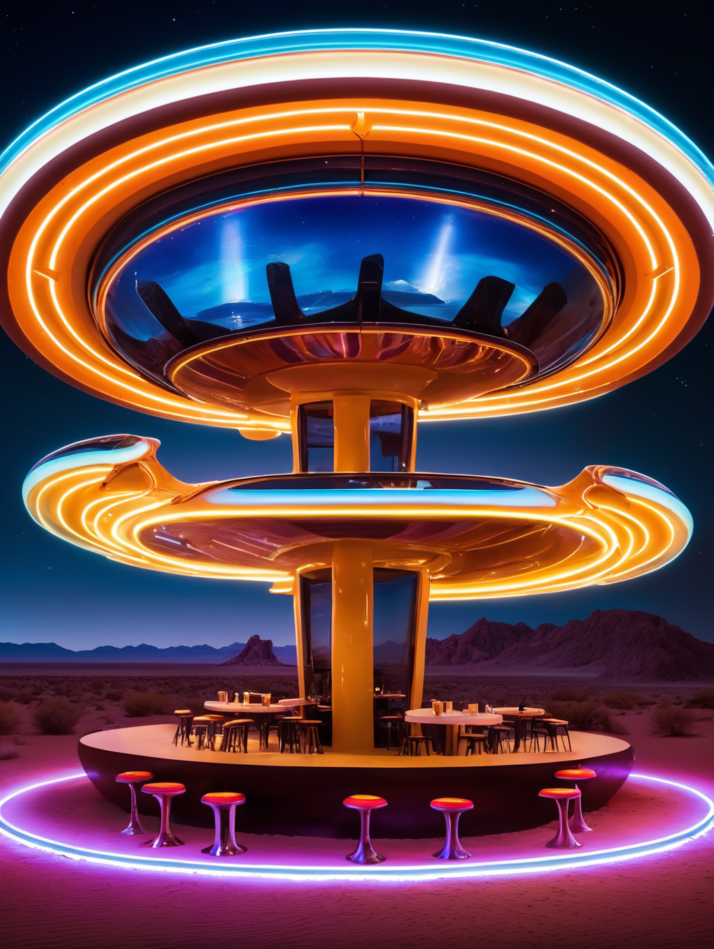 Premium Free ai Images | futuristic ufo cafe desert an night neon glass
